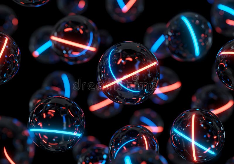 Floating Glass Spheres with Red and Blue Neon Lines on Black Stock ...