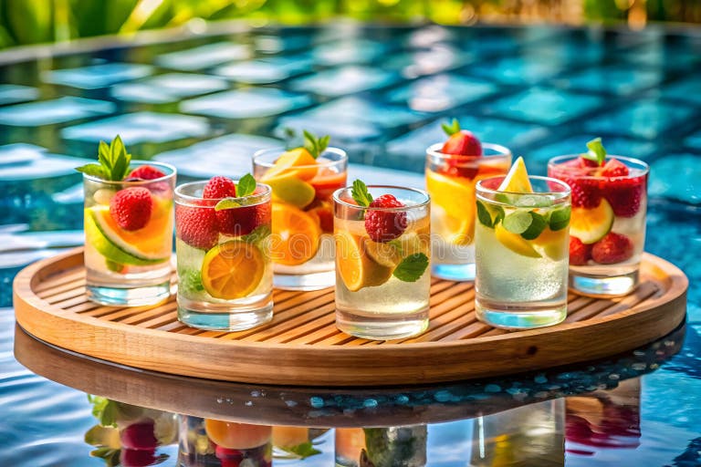 Floating Glasses with Fruitfilled Drinks in a Calm Pool Stock ...