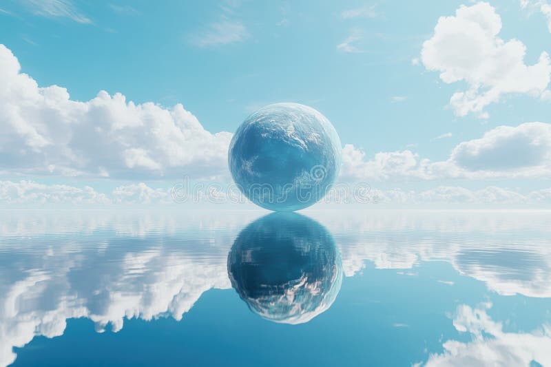 Floating Globe Reflects in Calm Waters Under a Bright Blue Sky with ...
