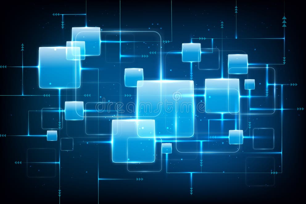 Floating Glowing Blocks Connected by Lines, Representing Advanced Digital Systems, Data Flow ...