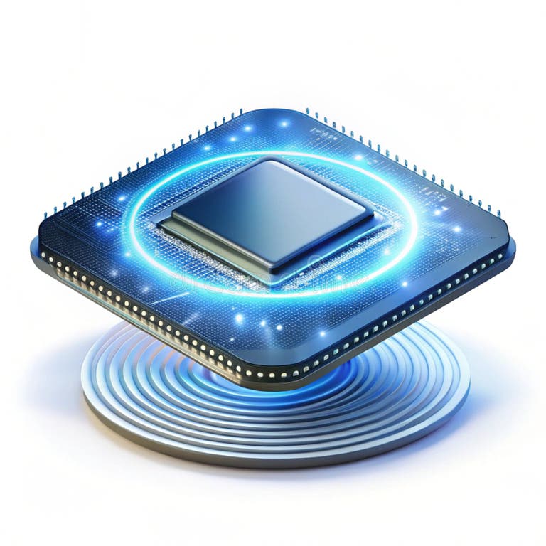 Floating Glowing Chip with Rotating Data Flow Stock Illustration ...