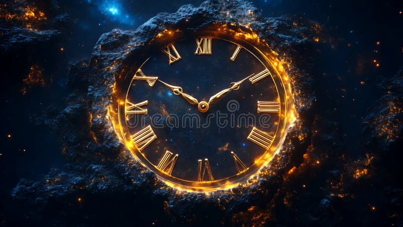 Floating Glowing Clock in Outer Space with Stars and Cosmic Particles ...