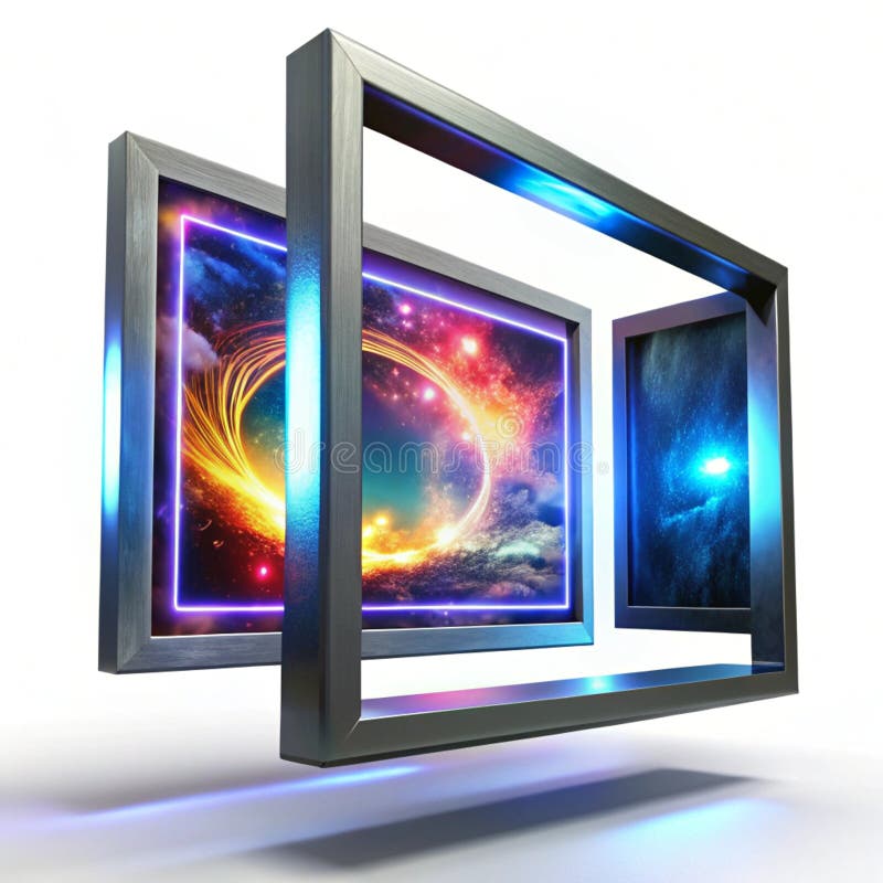 Floating Glowing Digital Art Frame with Rotating Artwork Stock ...