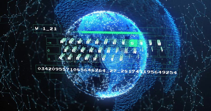 Floating Glowing Digital Globe Rotating in Dark Network Space, with Code Panels Showing Numbers ...