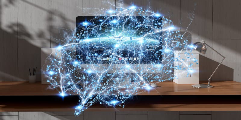 Floating Glowing Dot Network on Desktop 3D Rendering Stock Illustration ...