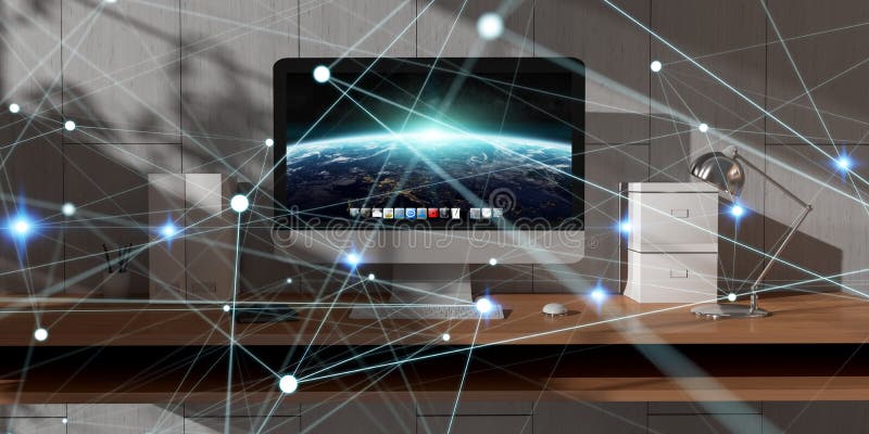 Floating Glowing Dot Network on Desktop 3D Rendering Stock Illustration ...