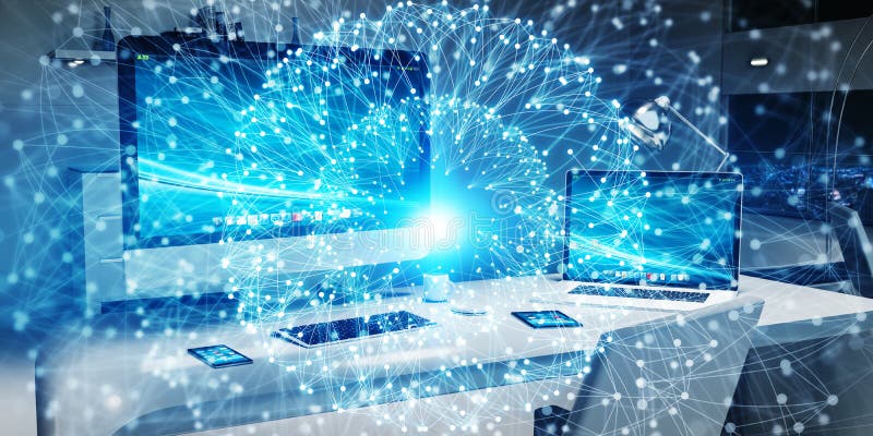 Floating Glowing Dot Network on Desktop 3D Rendering Stock Illustration ...