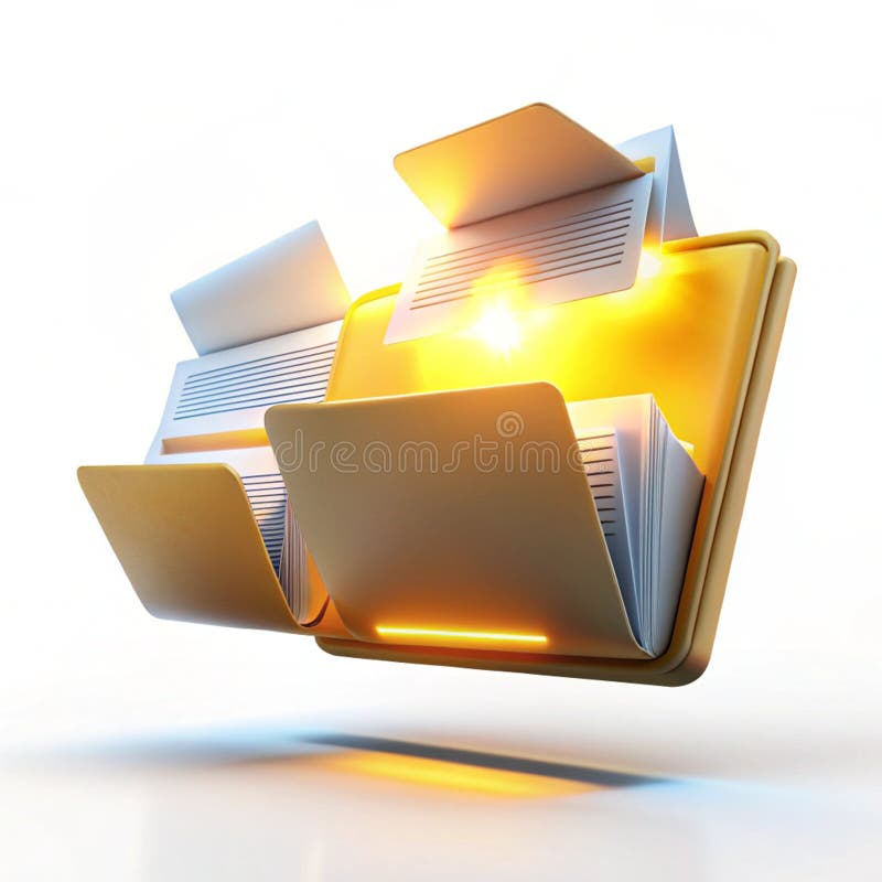 Floating Glowing File Folder with Animated Documents Isolated on White ...