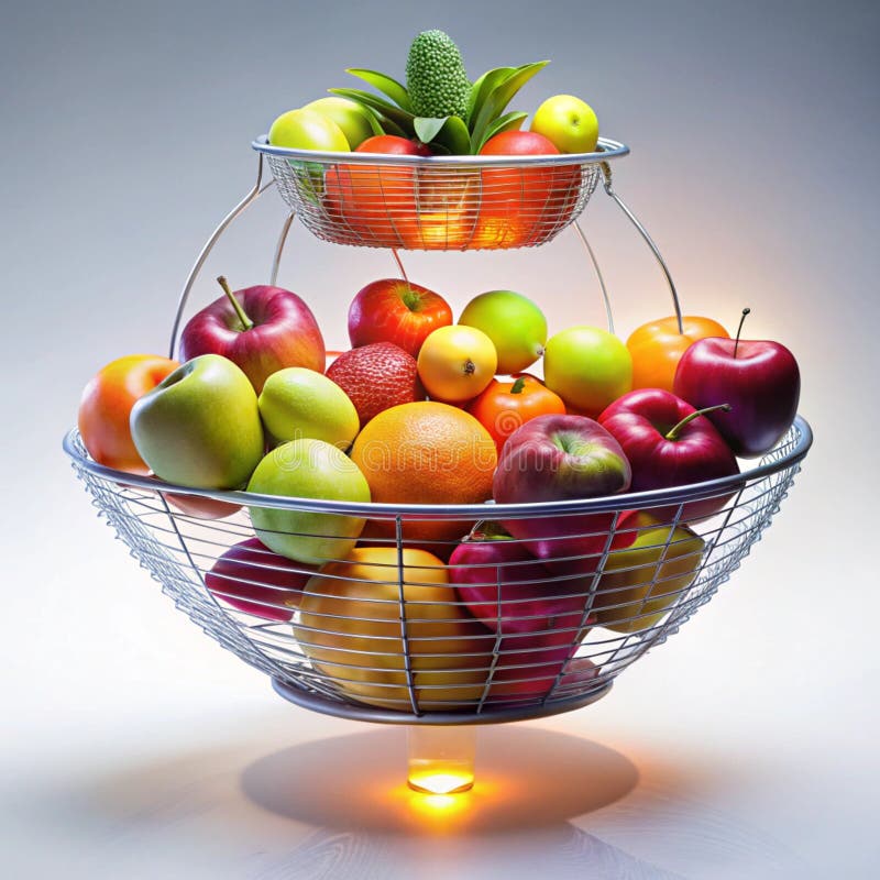 Floating Glowing Fruit Basket with Rotating Fruits Stock Illustration ...