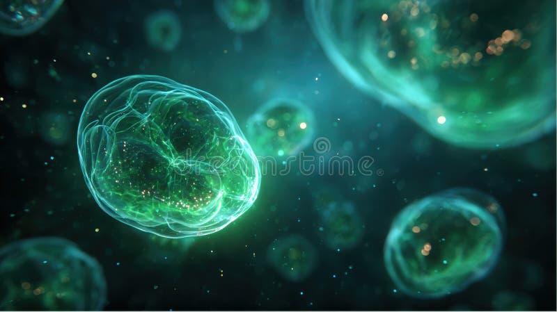 Floating, Glowing Green Cells with Internal Structures and Surrounded ...