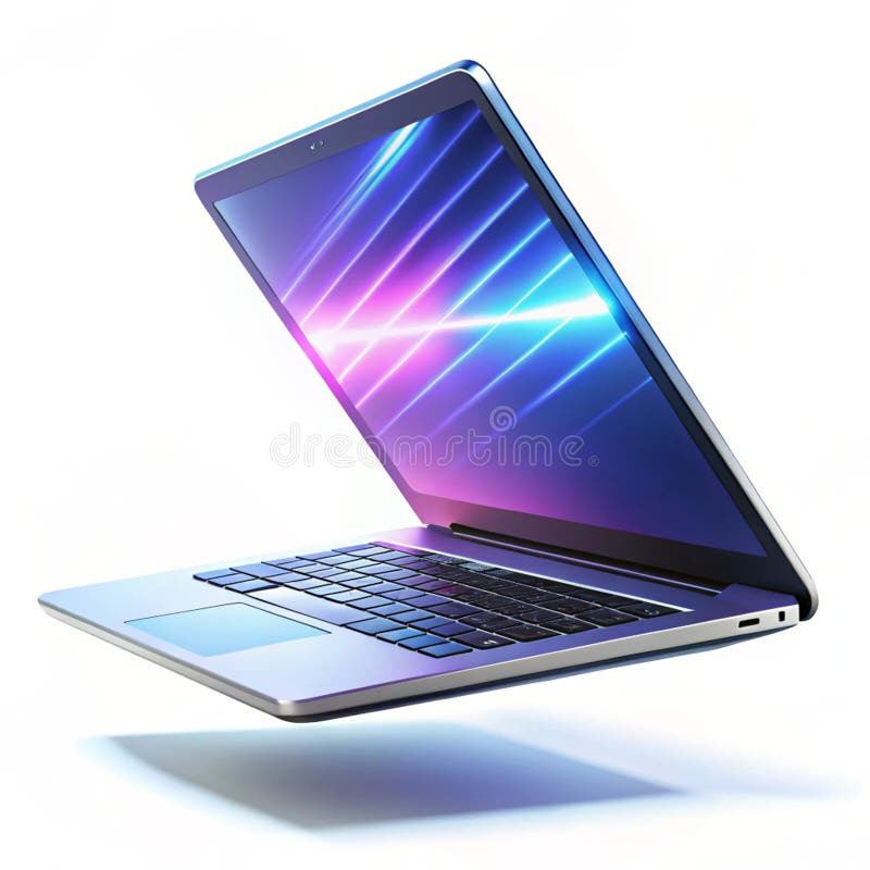 Floating Glowing Laptop with Rotating Screen Effect Stock Illustration ...