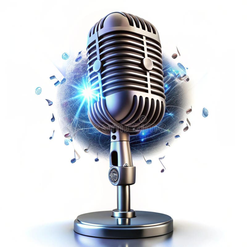 Floating Glowing Microphone with Rotating Sound Symbols Stock ...