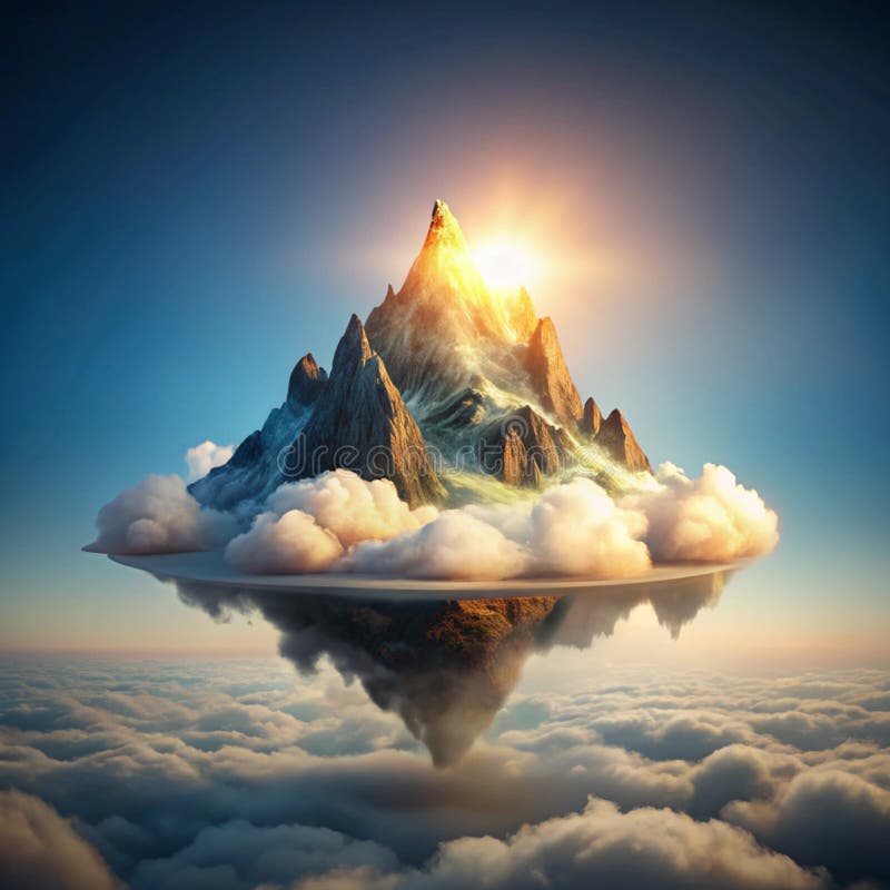 Floating Glowing Mountain with Animated Clouds Stock Illustration ...