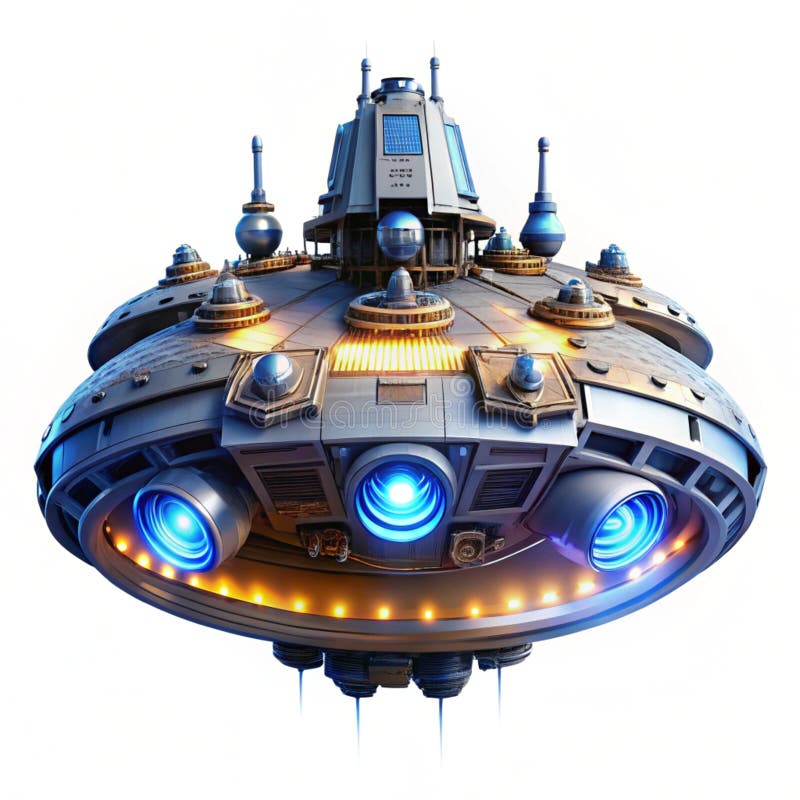 Floating Glowing Spaceship with Rotating Engines Stock Illustration ...