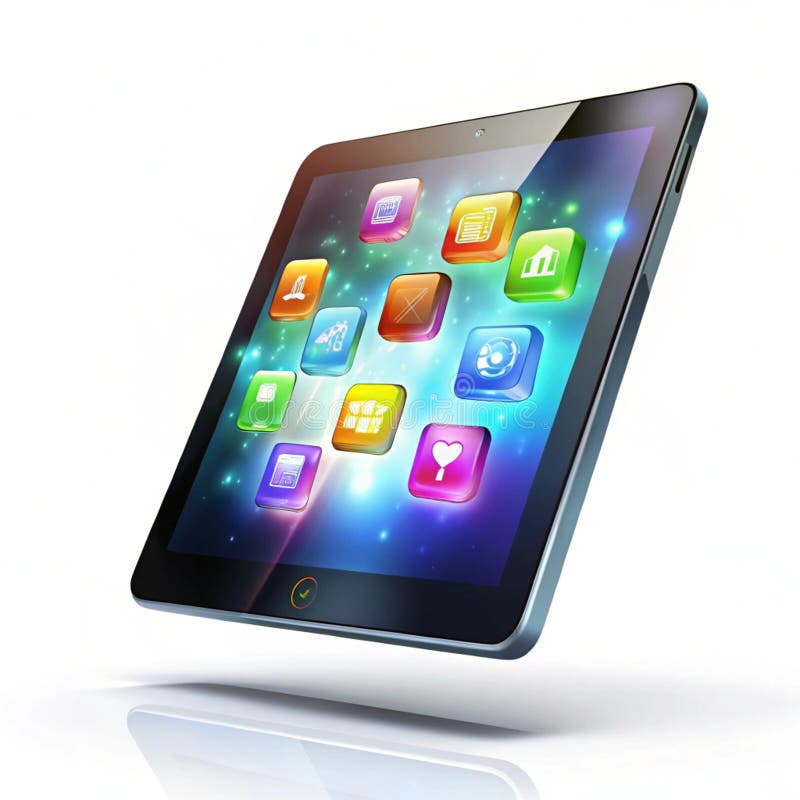 Floating Glowing Tablet with Transparent Apps Stock Illustration ...