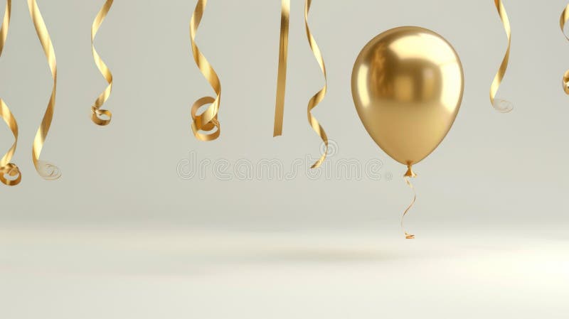 Floating Gold Balloon and Ribbons on Minimalistic Background Stock ...