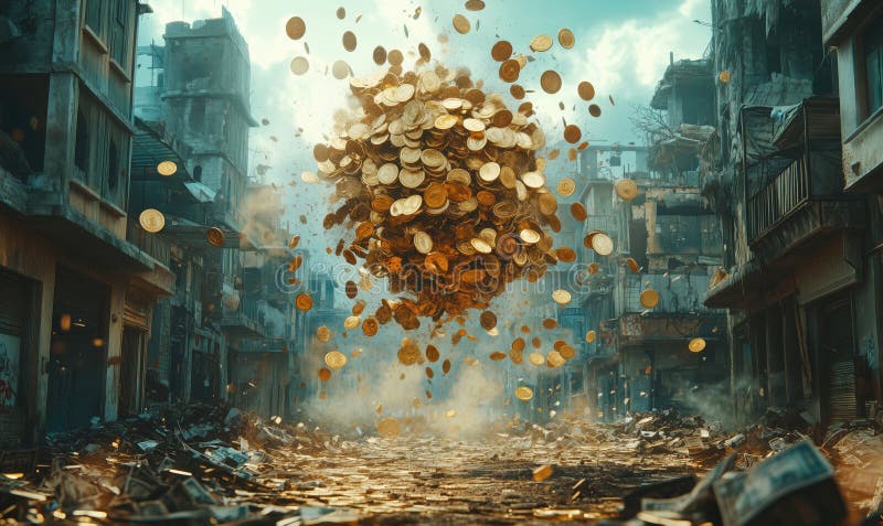 Floating Gold Coins in Abandoned Urban Environment with Dramatic ...