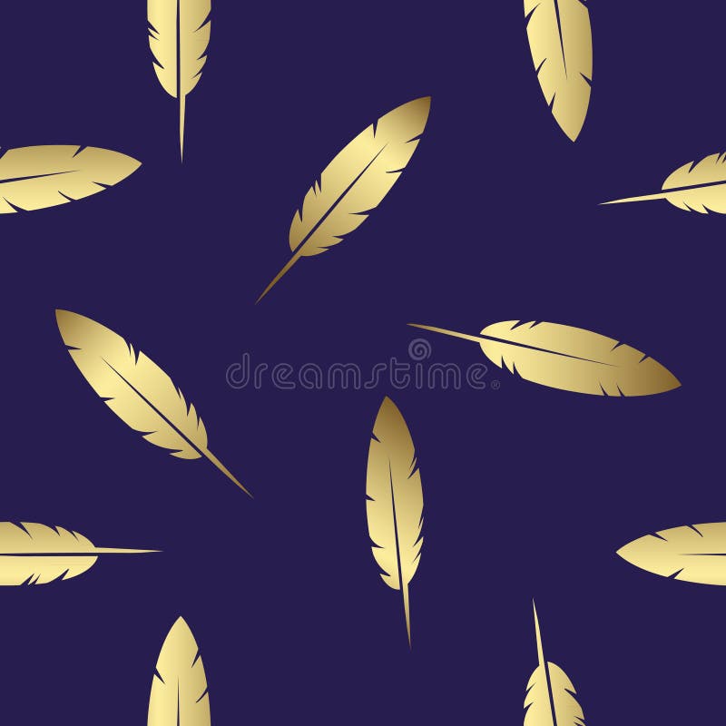 Floating Gold Feathers on a Blue Backdrop Seamless Pattern Stock Vector ...