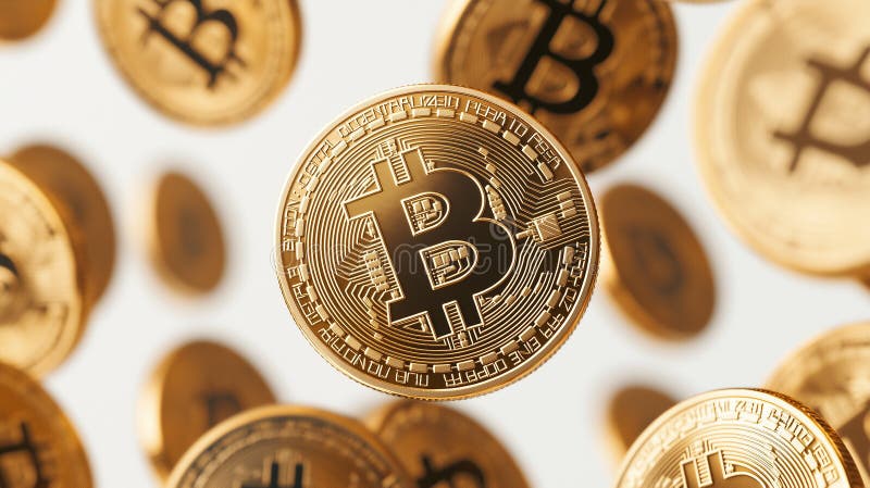 Floating Golden Bitcoin Coins on a White Background. Stock Illustration ...