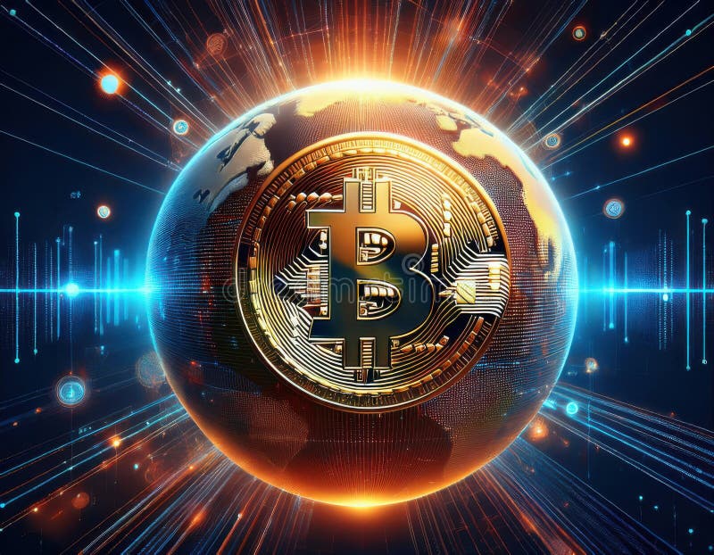 LFloating Golden Bitcoin Symbol Above a Glowing 3D Globe Surrounded by ...