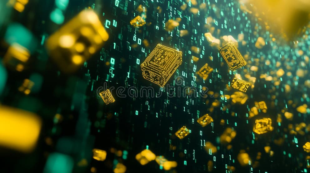 Floating Golden Blocks Symbolize Cryptocurrency in a Matrix of Green ...