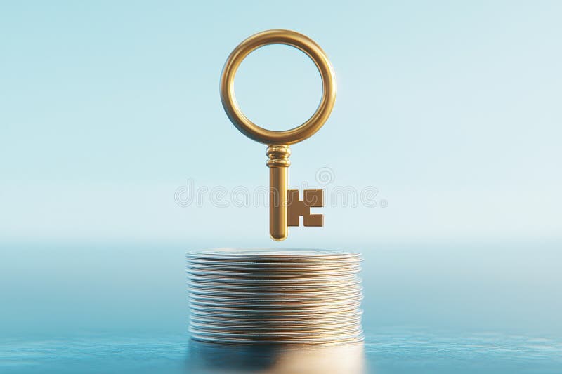Floating Golden Key Above Stack of Digital Coins with Blue Background ...