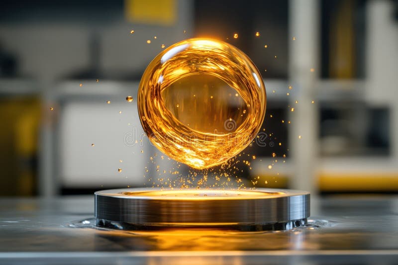Floating Golden Liquid Orb Suspended Above a Metallic Surface in a ...