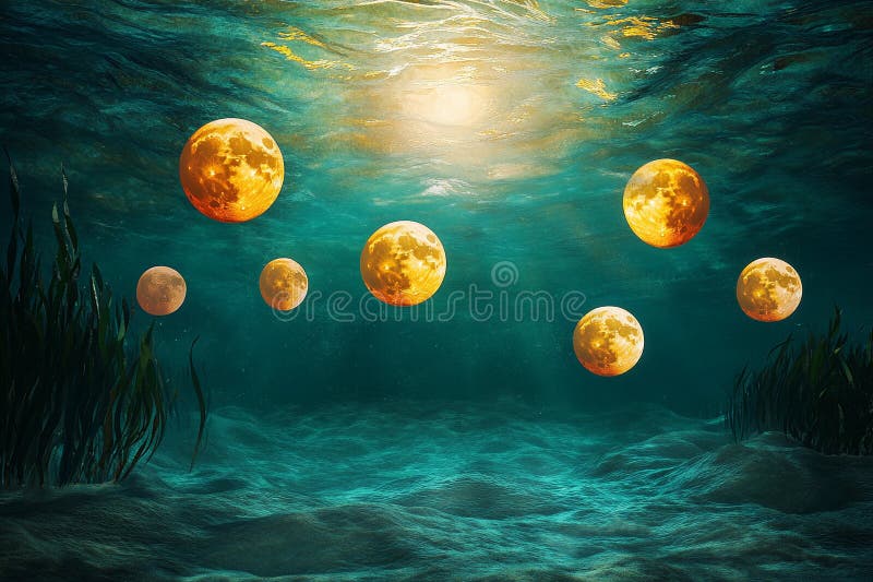 Floating Golden Moons Illuminate Serene Underwater Landscape Twilight ...