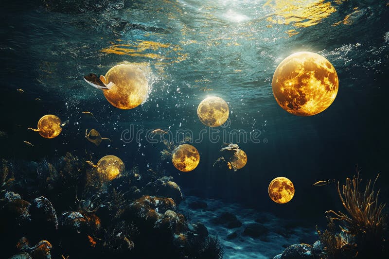 Floating Golden Moons Illuminate the Serene Underwater Landscape during ...