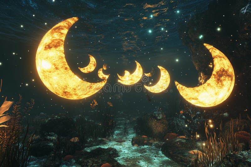 Floating Golden Moons Illuminate the Serene Underwater Landscape during ...