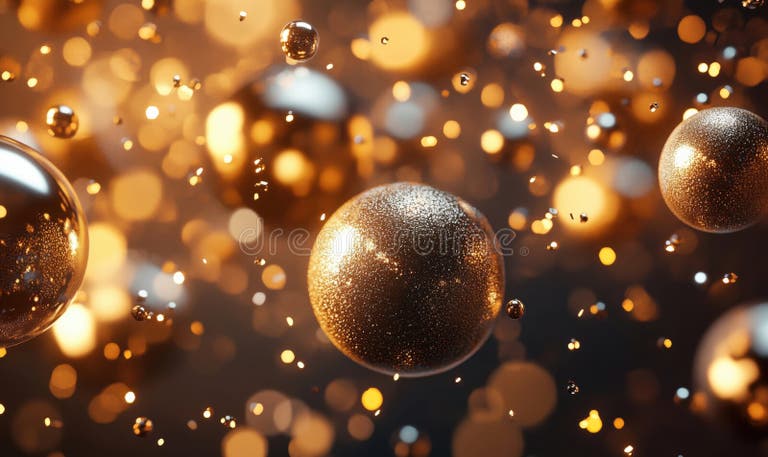 Floating Golden Spheres with Shimmering Reflections and Sparkling Bokeh Background, Creating a ...