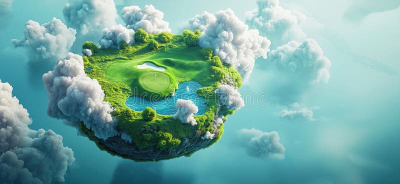 Floating Golf Course Island Surrounded by Clouds and Water in a Serene ...