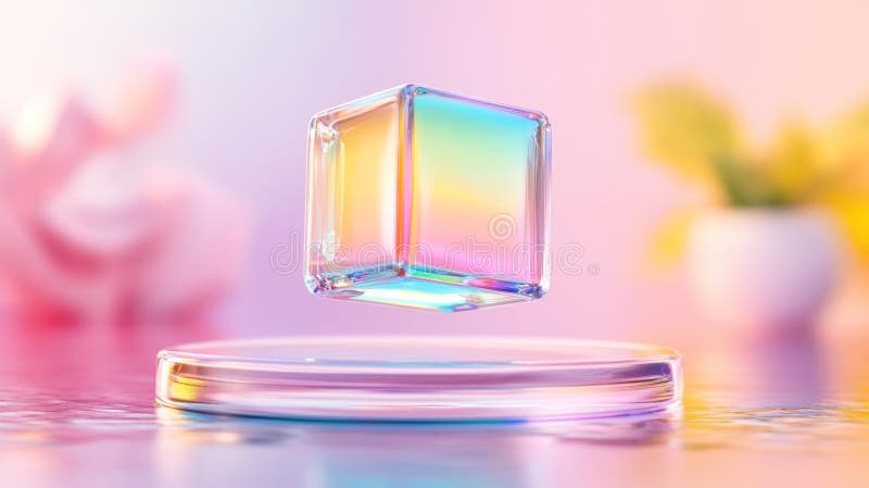 A Floating Gradient Cube with Holographic Colors Over a Reflective ...