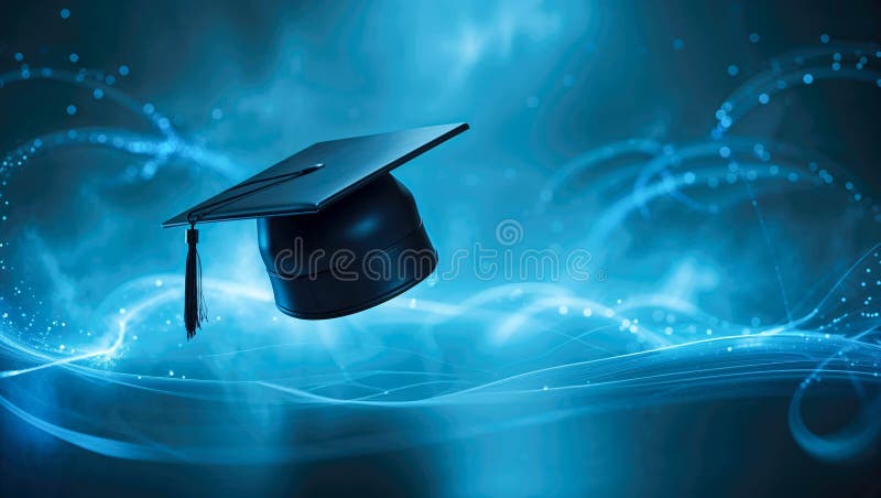 Floating Graduation Cap with Glowing Blue Digital Waves in Background ...