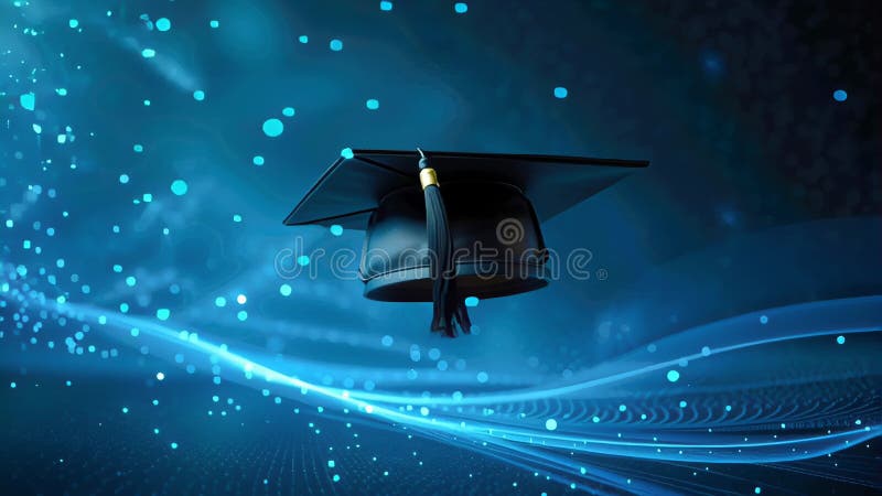 Floating Graduation Cap with Glowing Blue Digital Waves in Background ...