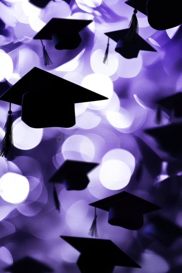 Floating Graduation Caps with Bokeh Background in Purple Tones Stock ...