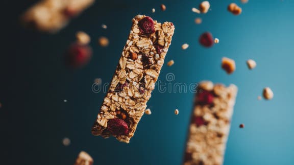 Floating Granola Bars with Berries and Nuts on Blue Background Stock ...