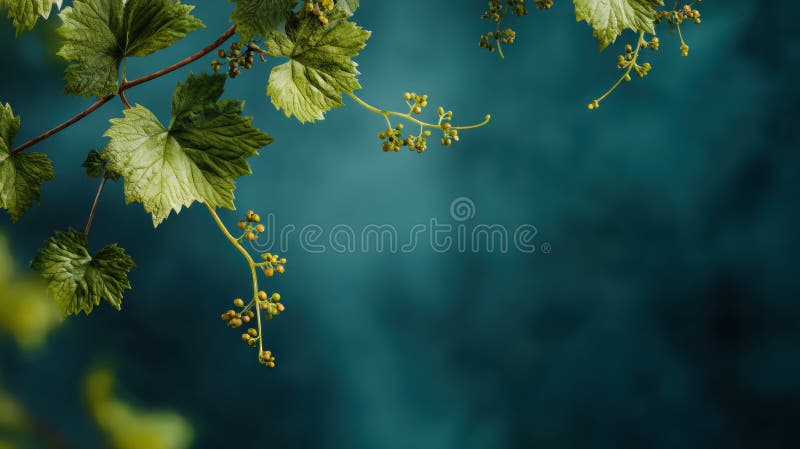 Floating Grapevine with Delicate Leaves and Budding Grapes Over a Deep ...