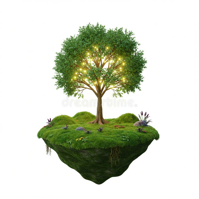 Floating Grass-covered Island Features a Leafy Tree with Luminous ...