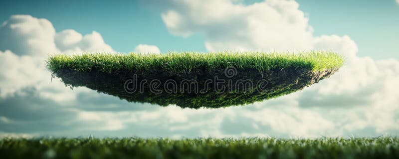 Floating Grass Island in the Sky with Clouds, Fantasy Landscape Concept ...