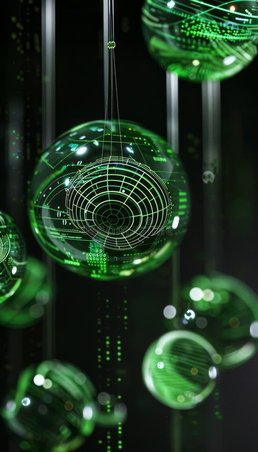 Floating Green Glass Charts and Graphics in Zero Gravity Against a ...