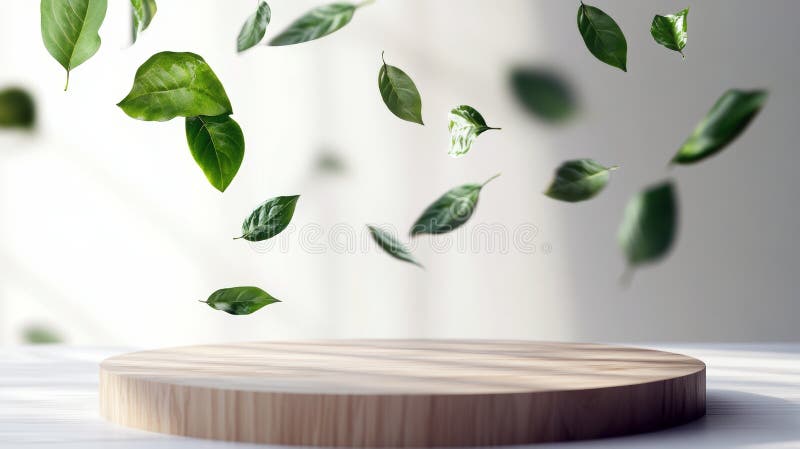 Floating Green Leaves Above Wooden Round Platform with Soft Light Stock ...