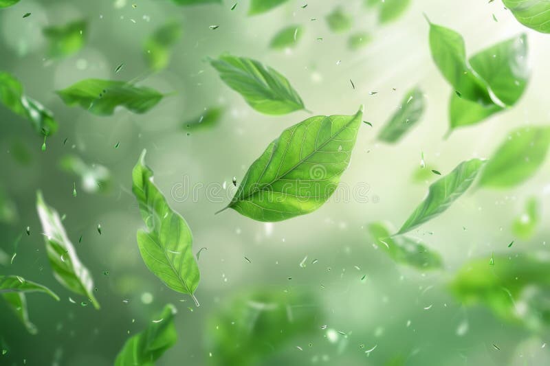 Floating Green Leaves in Motion Against a Light Green Background ...