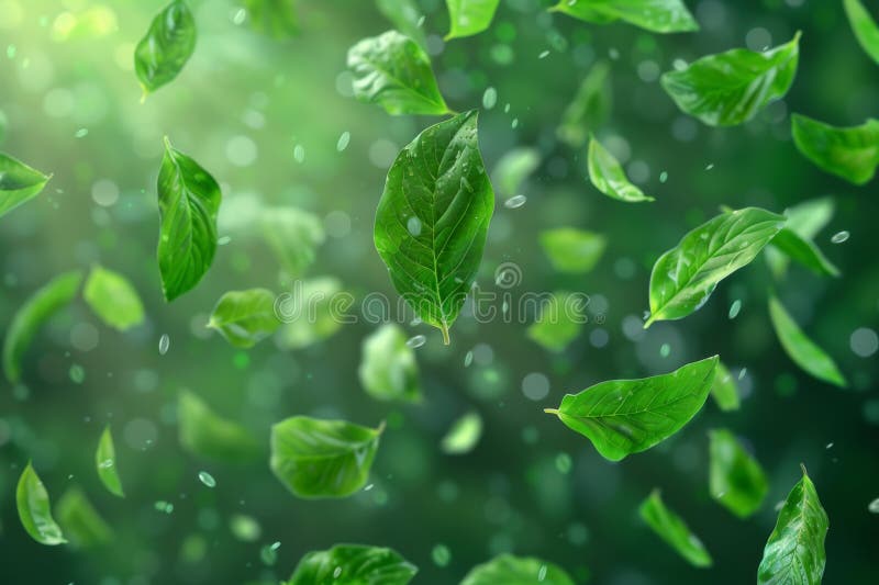 Floating Green Leaves in Motion Against a Light Green Background ...
