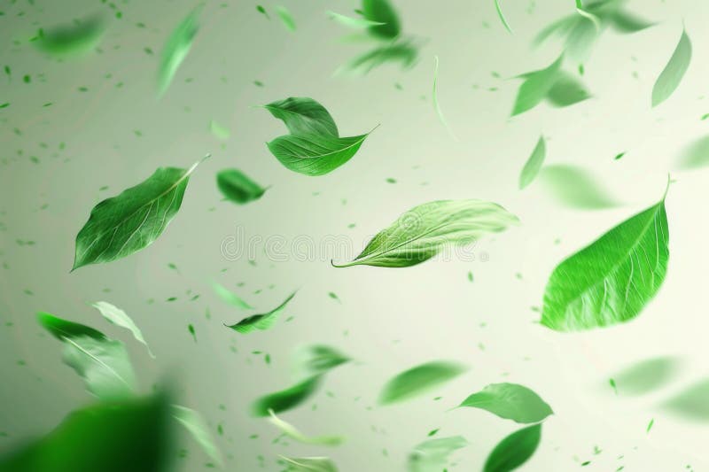 Floating Green Leaves in Motion Against a Light Green Background ...