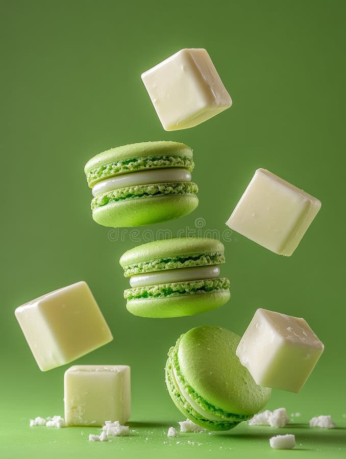 Floating Green Macarons with White Chocolate Cubes. Stock Image - Image ...