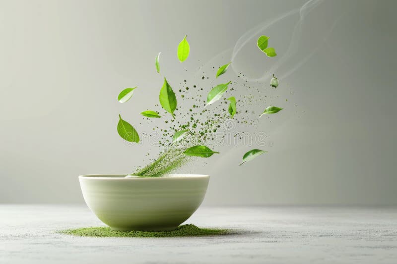 Floating Green Tea Leaves and Powder Explosion in Minimalist Bowl ...