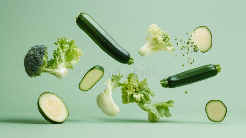 Floating Green Vegetables on Pastel Background Stock Illustration ...