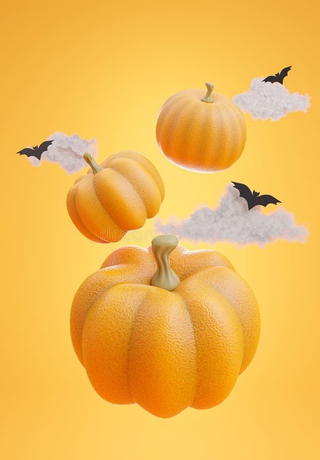Floating Group Pumpkin with Halloween Concept,clouds,bat on Orange ...