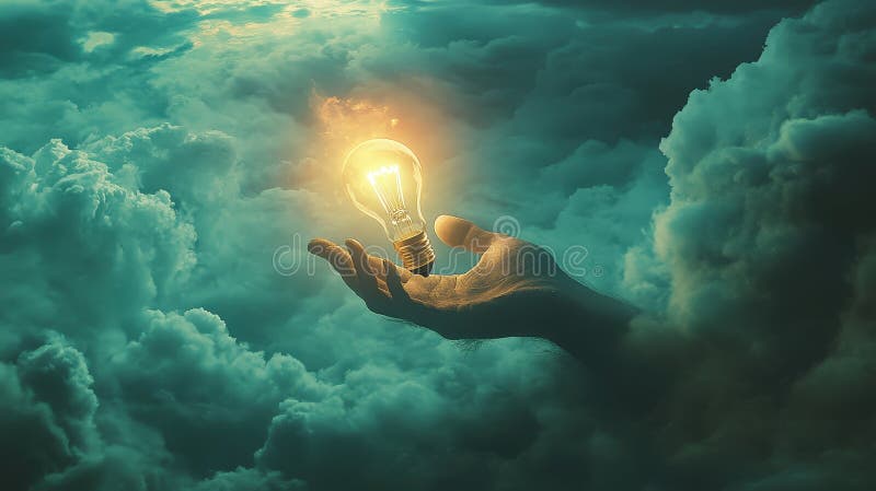 Floating Hand Holding Illuminated Bulb among Stormy Clouds, AI ...